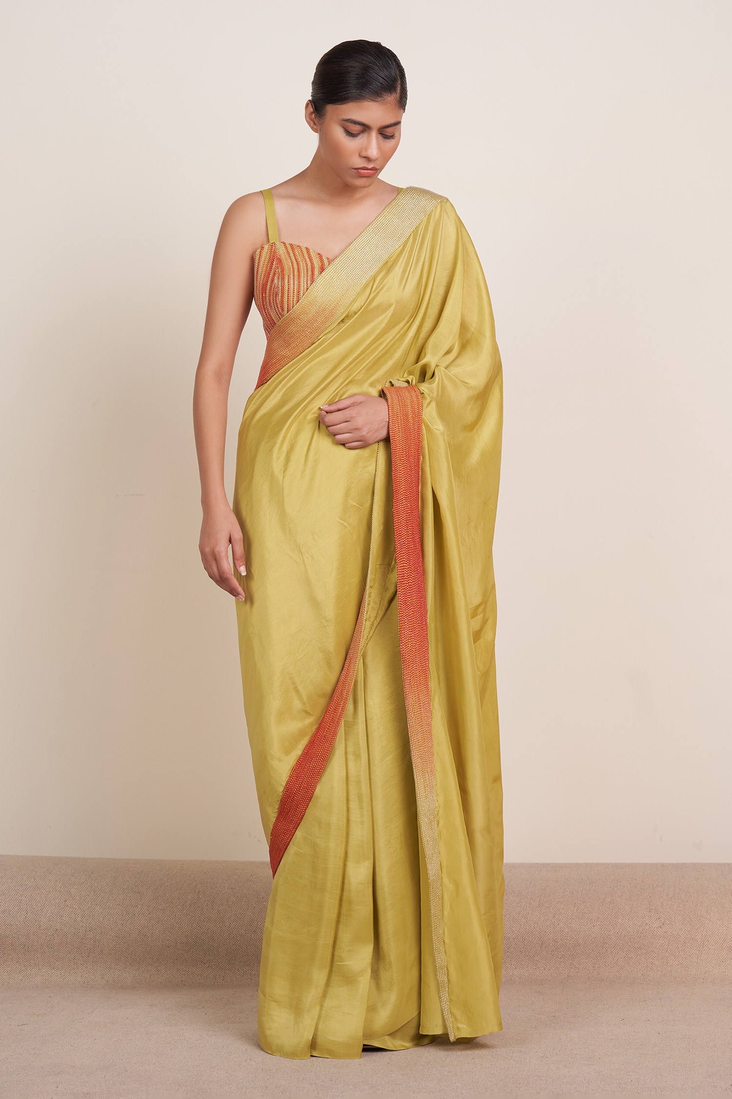 Buy Green Satin Embroidered Loop Scooped Ombre Border Saree With Blouse For Women by Somya Goyal ...