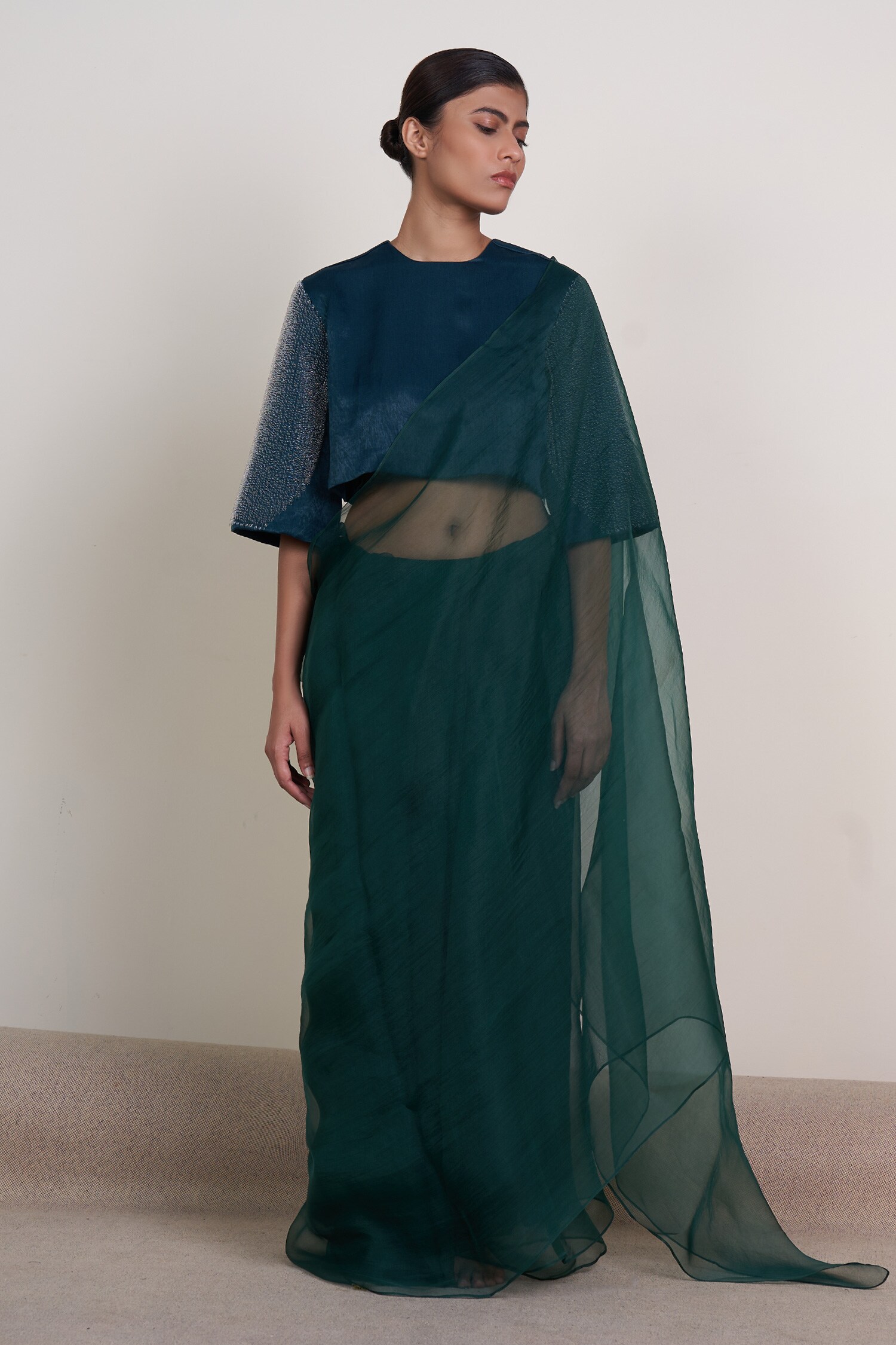 Buy Green Organza Embroidered Loop Round Sheer Saree With Blouse For Women by Somya Goyal Online ...