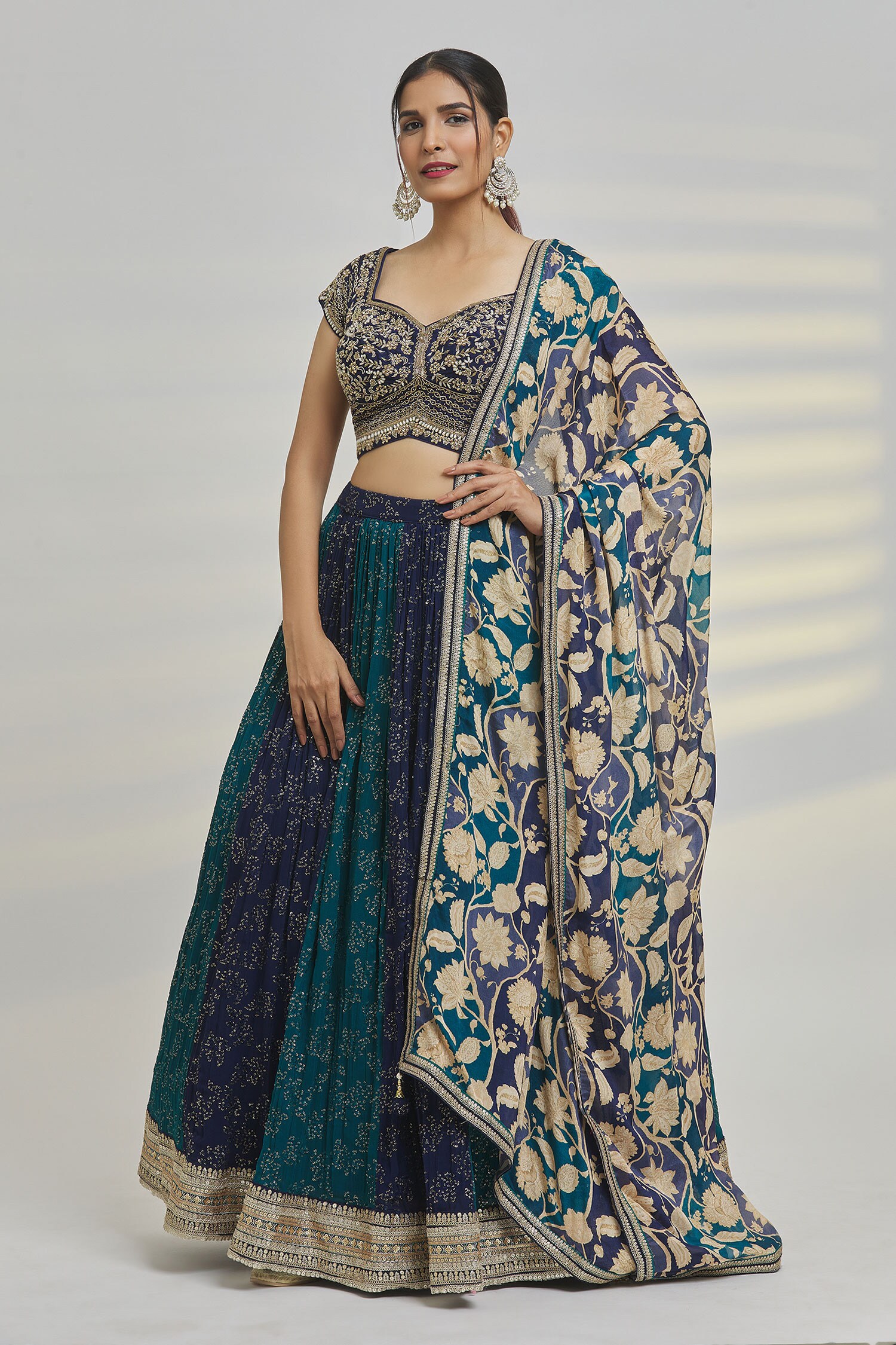 Buy Blue Georgette Print Floral Sequin Embroidered Two Tone Lehenga Set ...