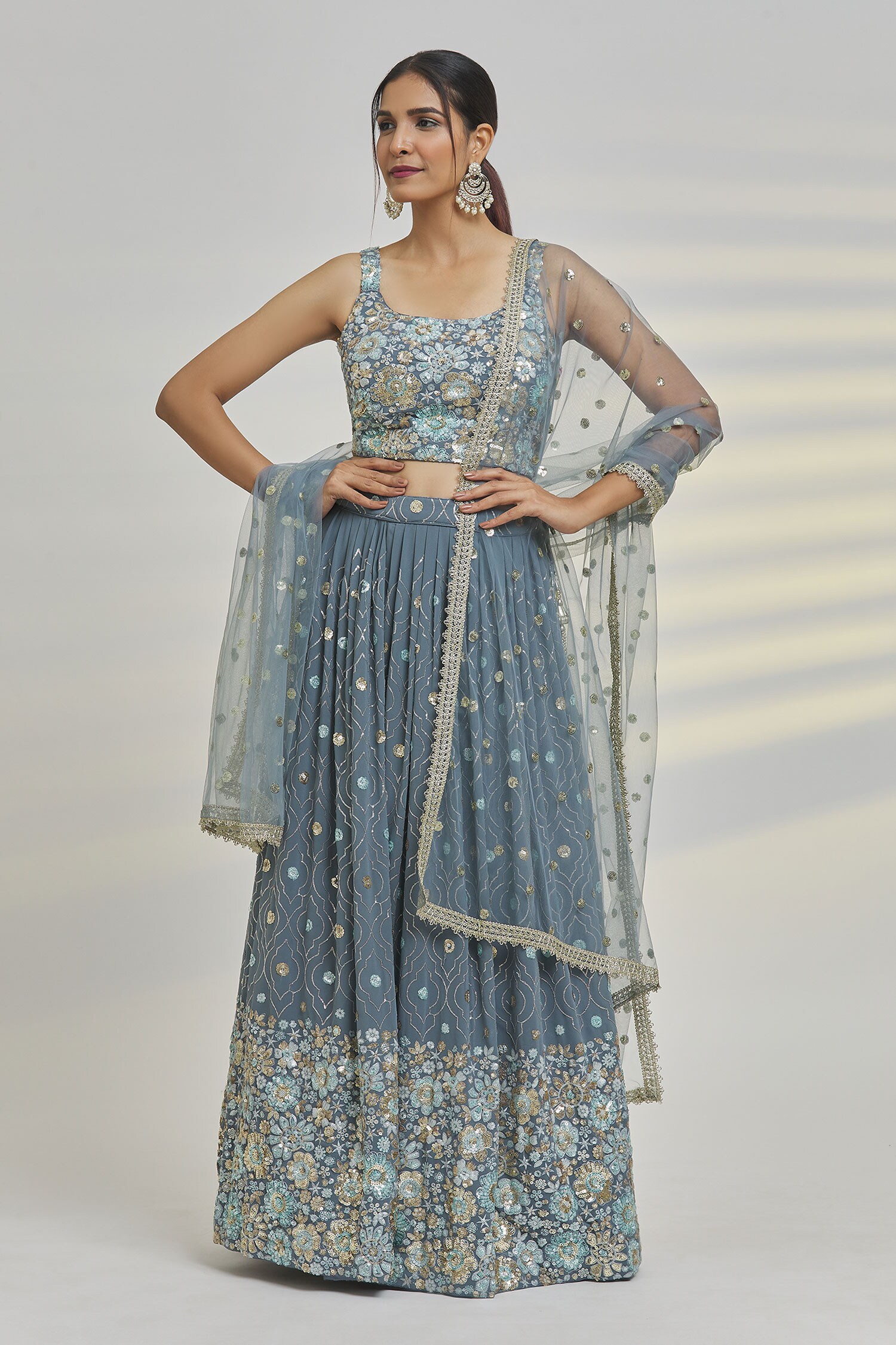 Buy Grey Georgette Embroidery Sequins Scoop Neck And Resham Lehenga Set ...