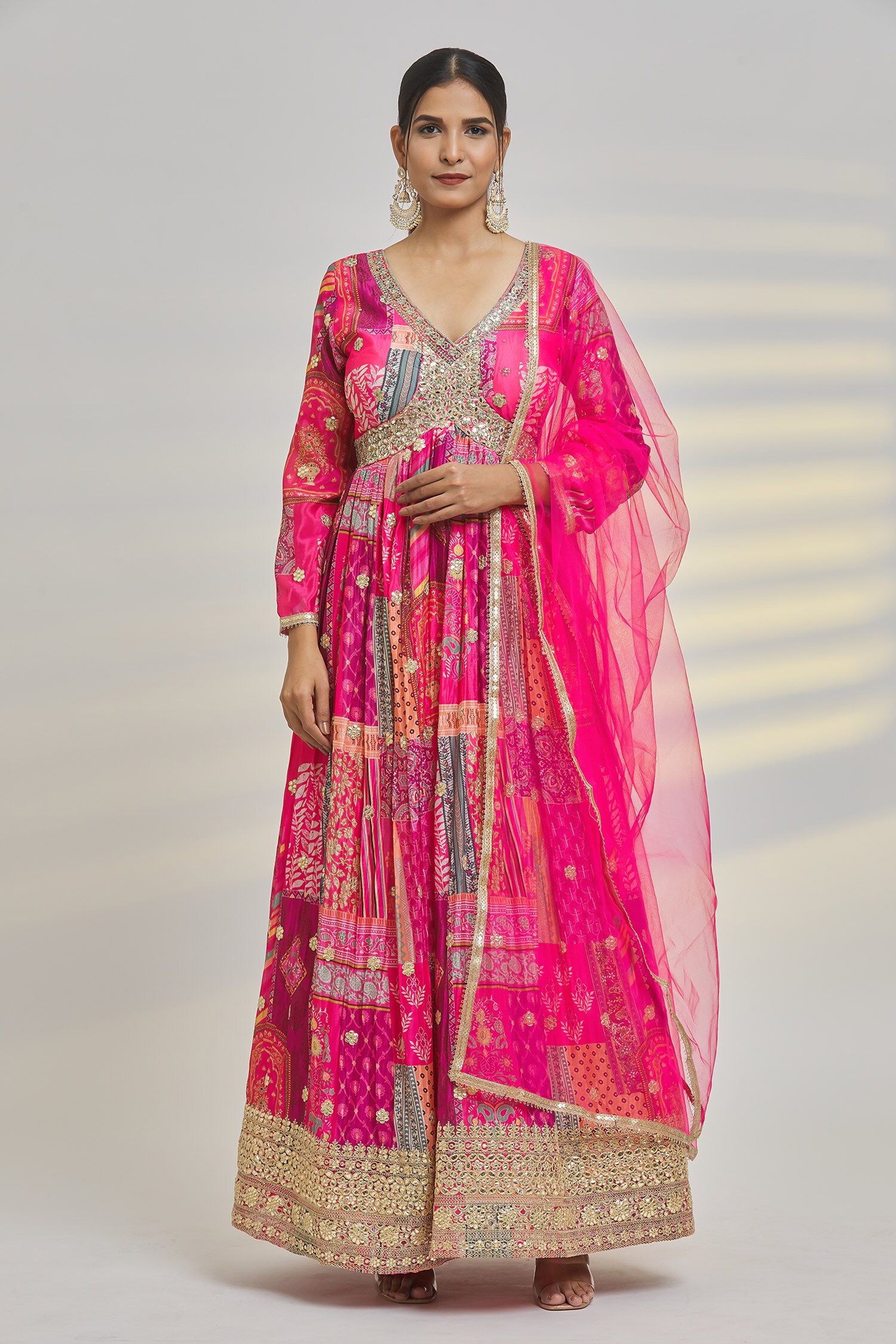 Buy Pink Chinon Crepe Print Floral Flower Tile Anarkali With Dupatta ...