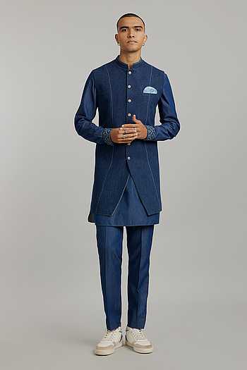 Buy Blue Denim Quilted Bosco Pattern Sherwani Jacket For Men by Bubber ...