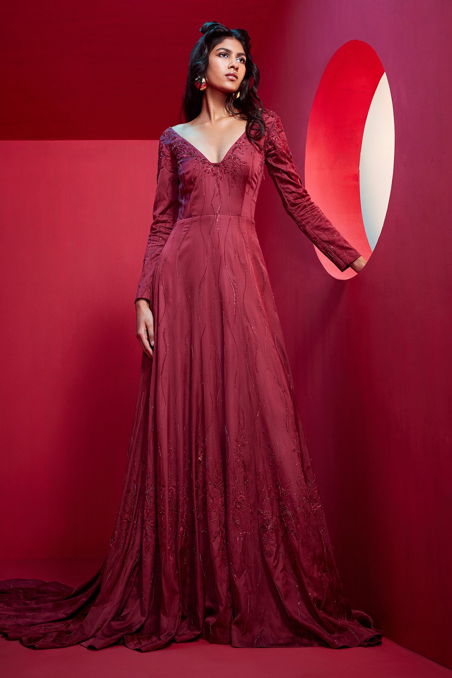 Buy Maroon Rose Satin Embroidery Bead Blunt V Neck Floral Neckline Gown ...