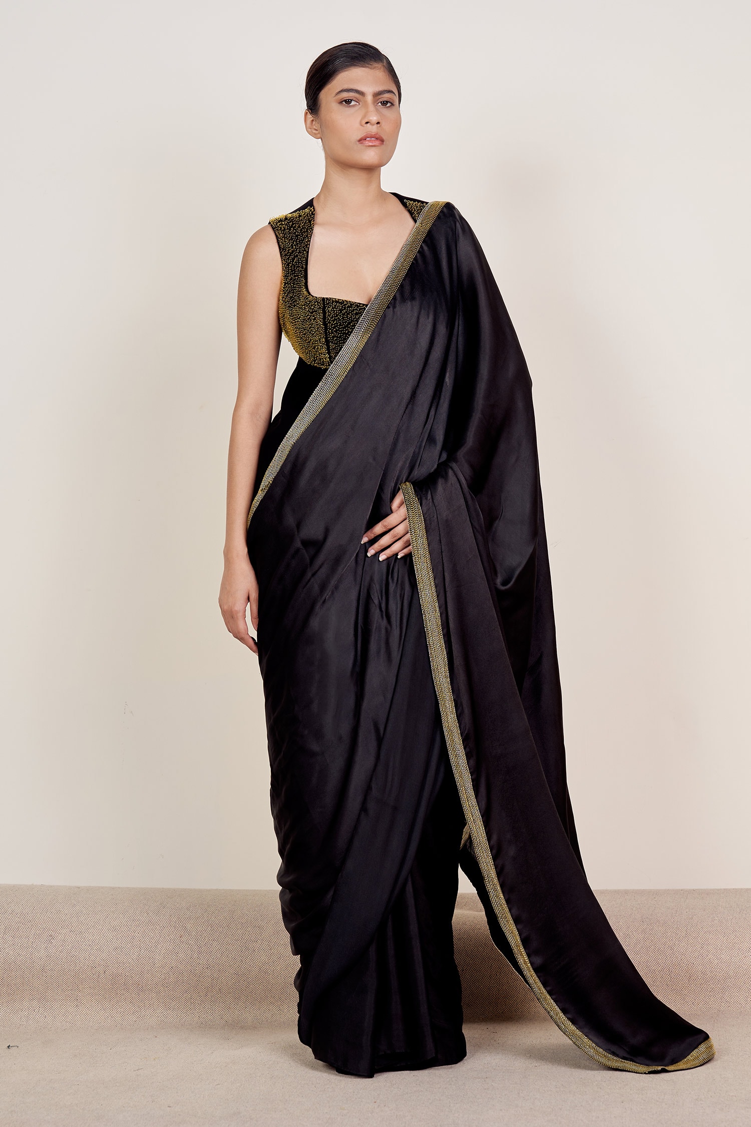 Buy Black Polyester Embroidered Loop Scooped Border Saree With Blouse ...