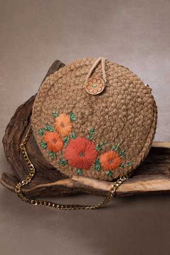 Buy Beige Beads Floral Embroidered Full Moon Jute Clutch Bag by DHAAGA ...