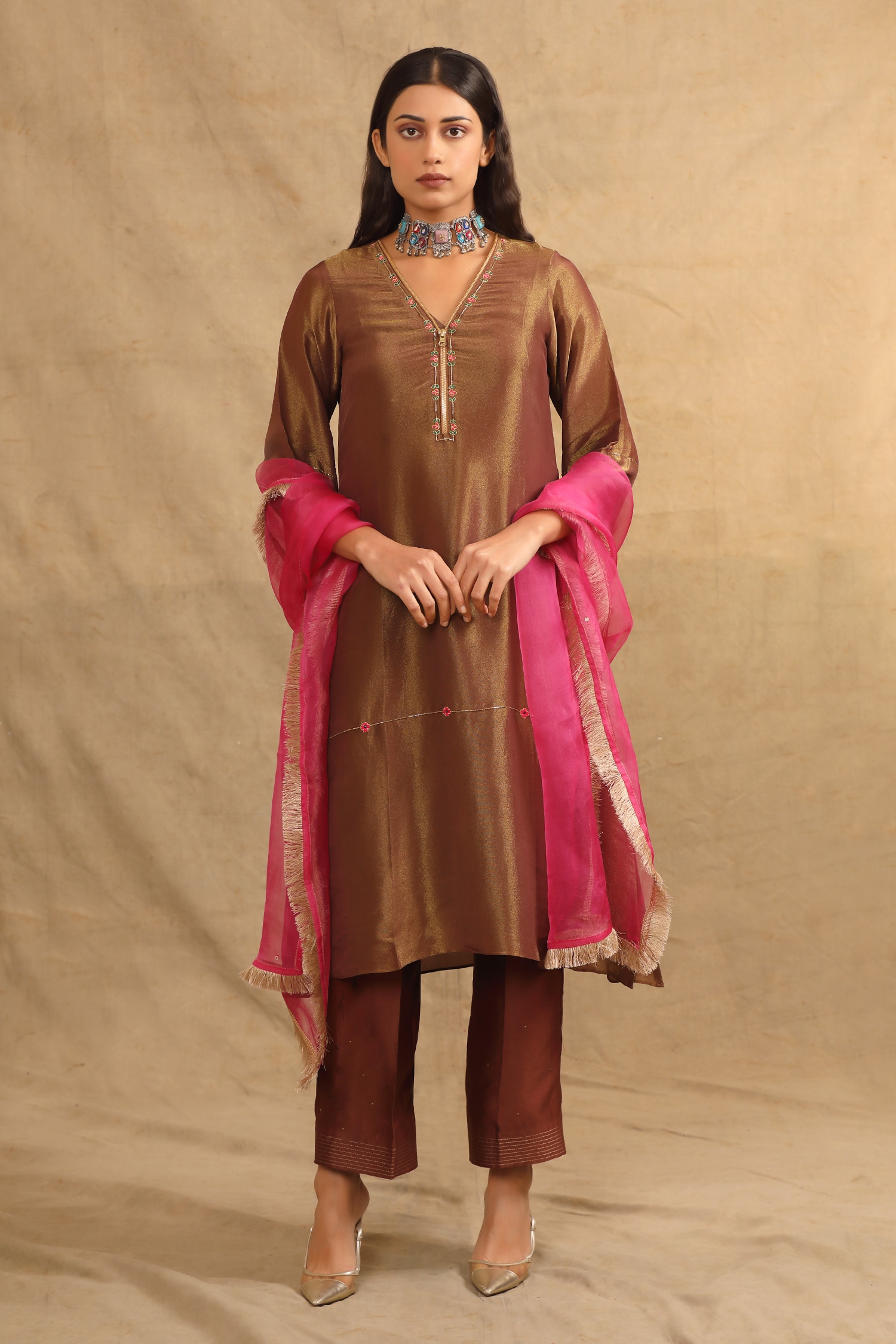 Buy Brown Kurta: Silk Tissue Embroidery Resham V Neck Placement Pant ...
