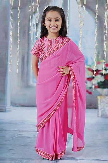 Buy Pink Cotton Print Geometric Border Pre-draped Saree With Blouse For ...