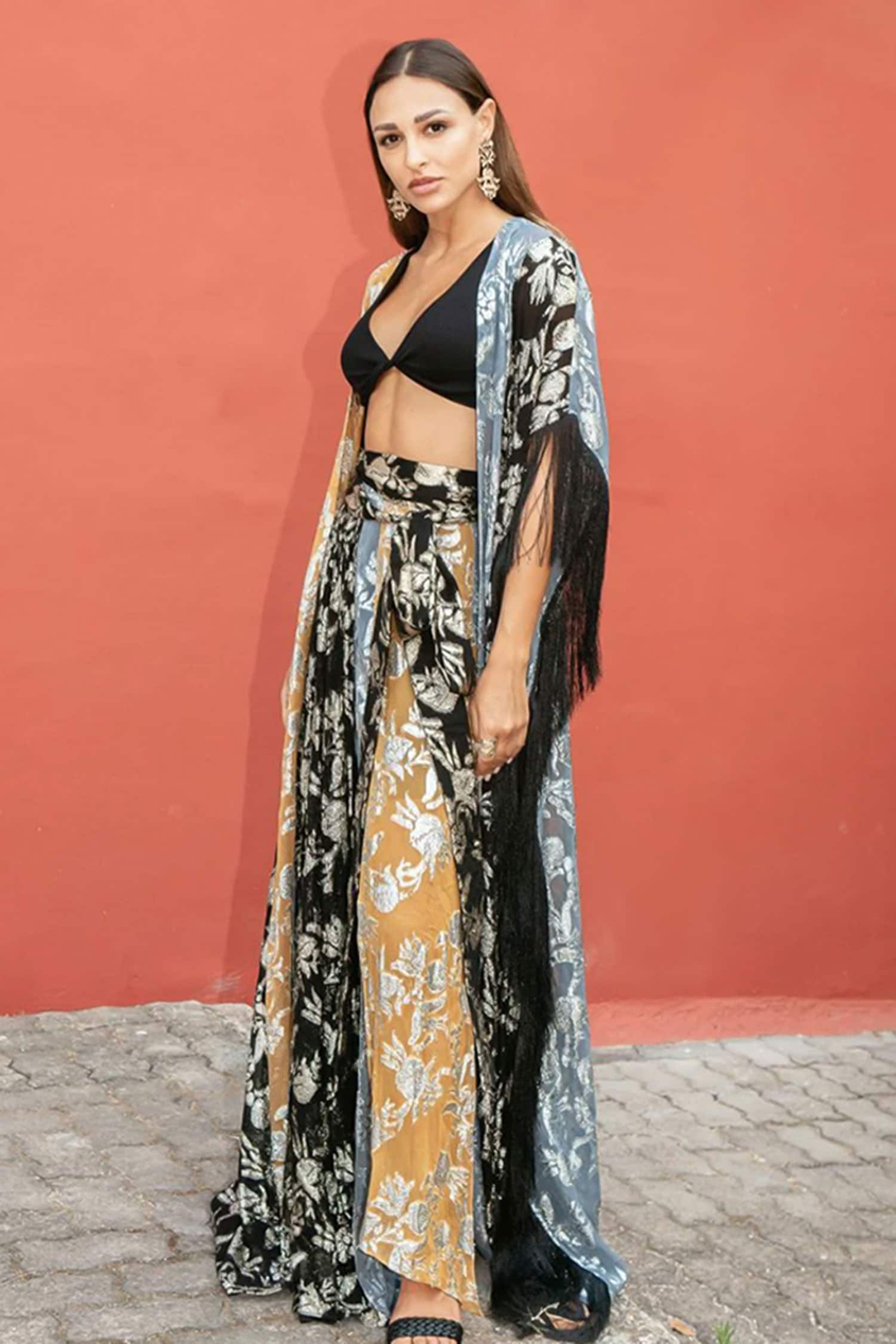 Buy Black Self Embroidered Georgette Print Floral Patchwork Duster ...