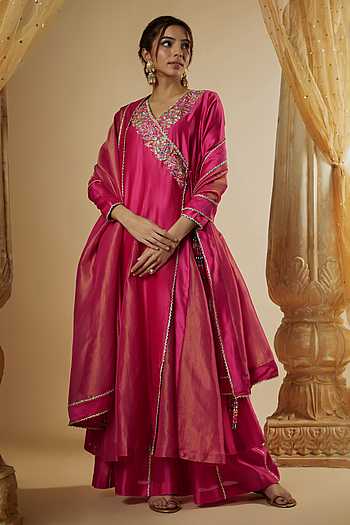 Buy Pink Pure Chanderi Silk Embroidered Pitta Work V Neck Floral Hand ...