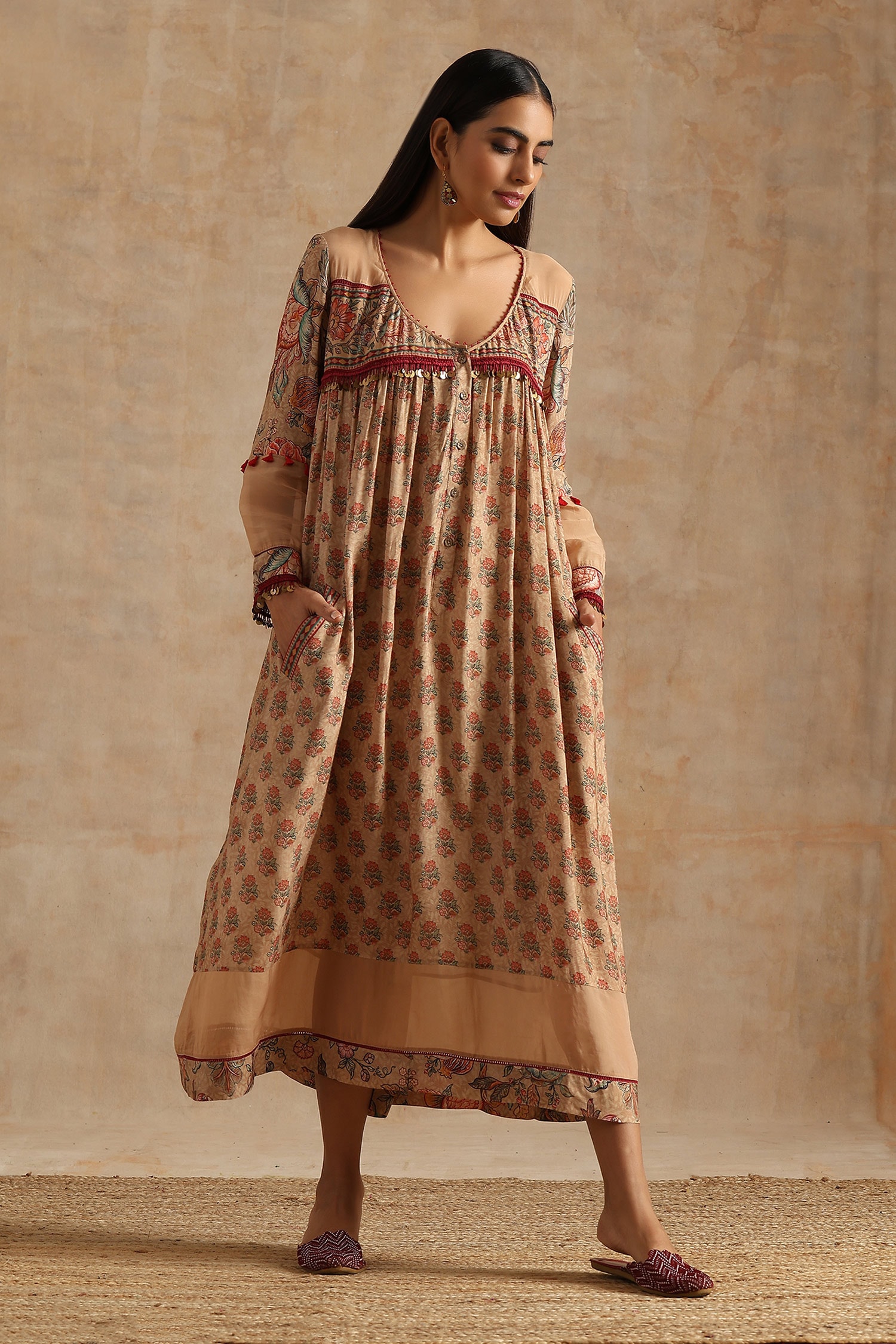 Buy Beige Muslin (60% Viscose Digital Printed Floral Round Dress For ...