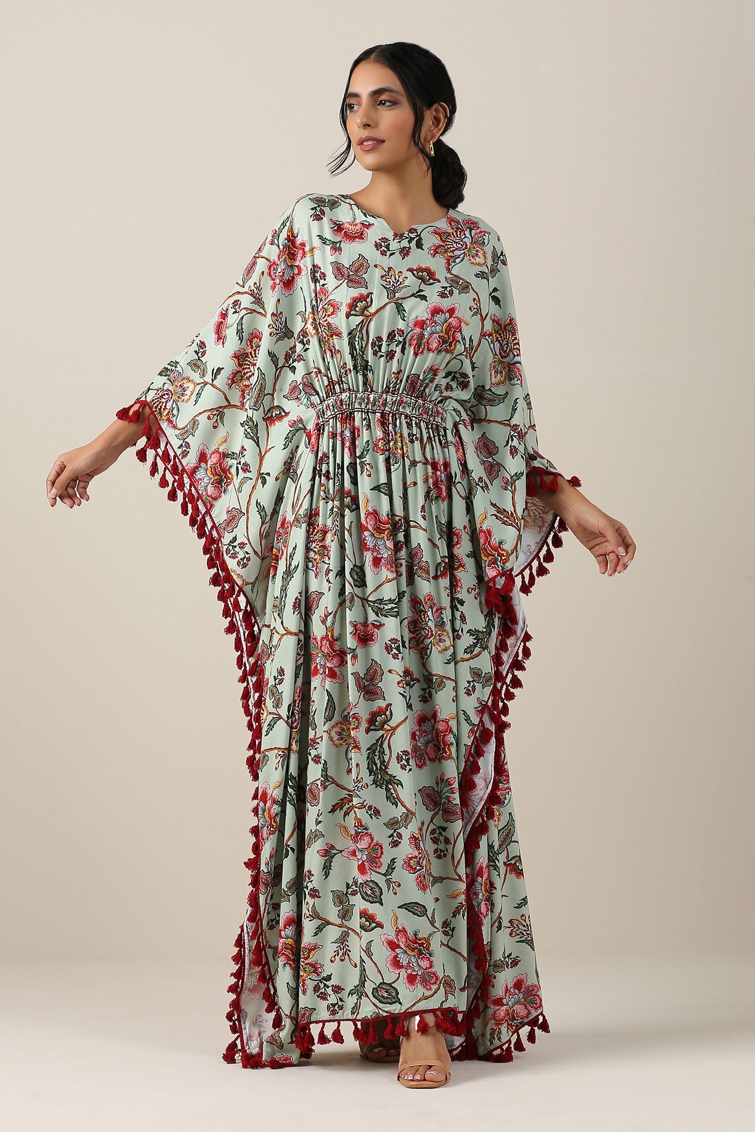 Buy Green 70% Cotton Digital Printed Floral Jaal V Harita Suman Kaftan ...