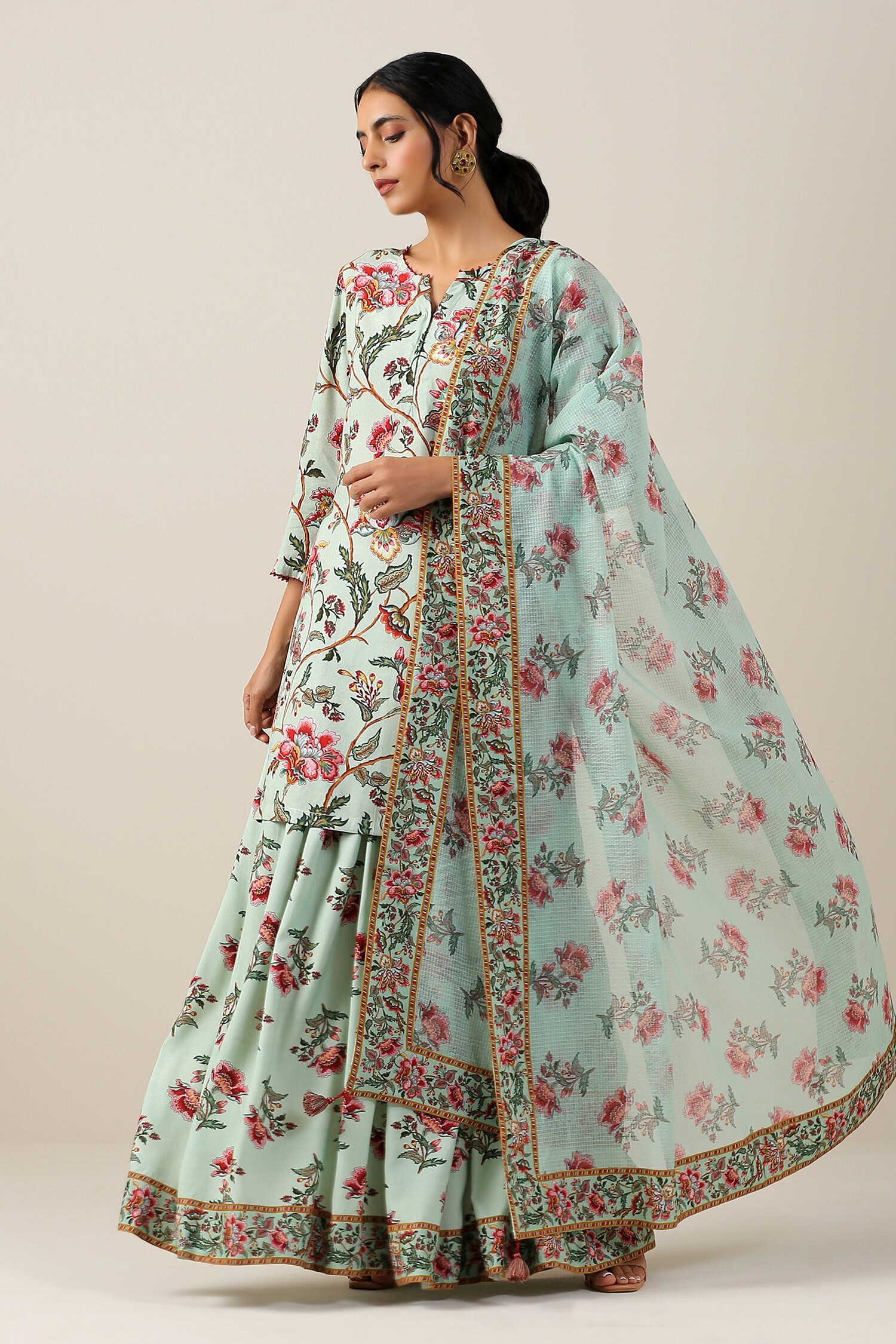 Buy Green 70% Cotton Digital Printed Harita Suman Kurta Skirt Set For ...