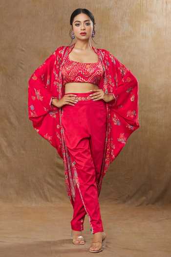 Buy Pink Wrinkle Satin Printed Floral And Abstract Cape Open Pant Set ...