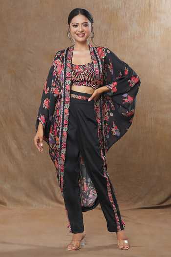 Buy Black Wrinkle Satin Printed Flower And Abstract Cape Pant Set For ...