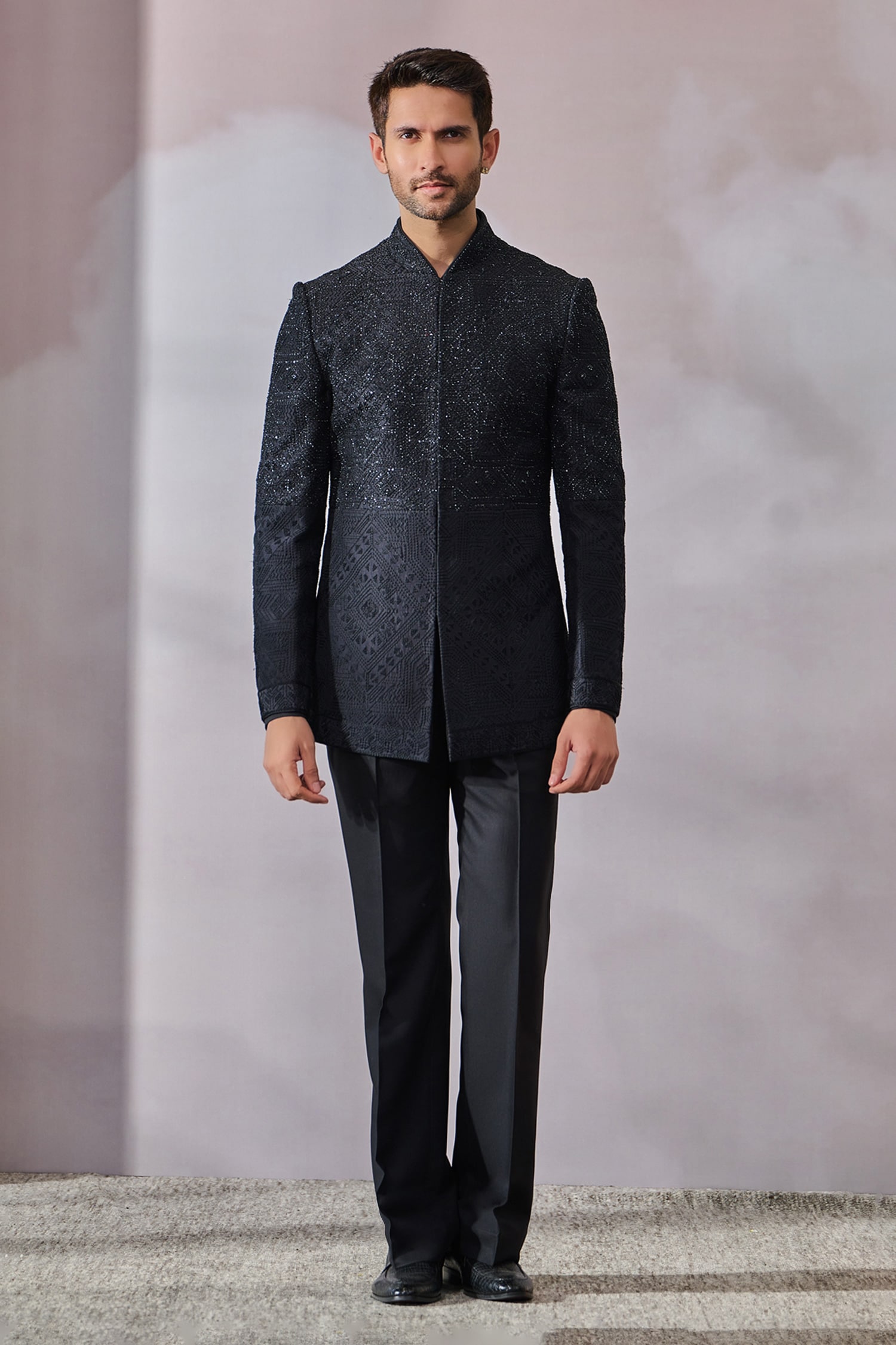 Buy Black Silk Dupion Embroidered Thread Geometric Bandhgala And ...