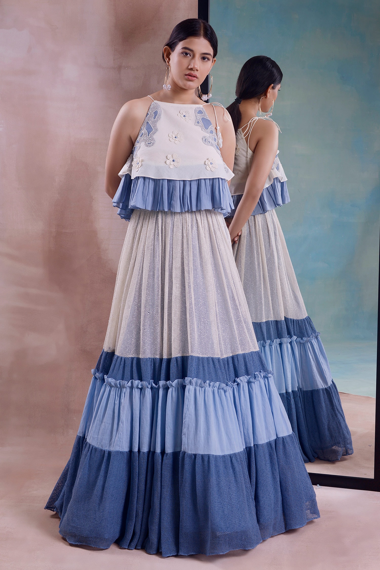 Buy Ivory Organic Cotton Embroidery Gradient Frilly Layered Lehenga Set ...