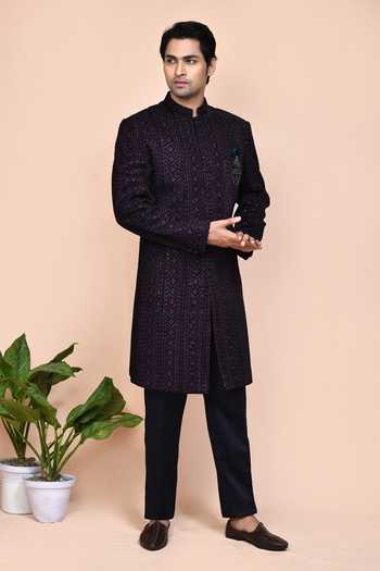 Buy Purple Sherwani Velvet Embroidery Thread Geometric Set For Men by ...