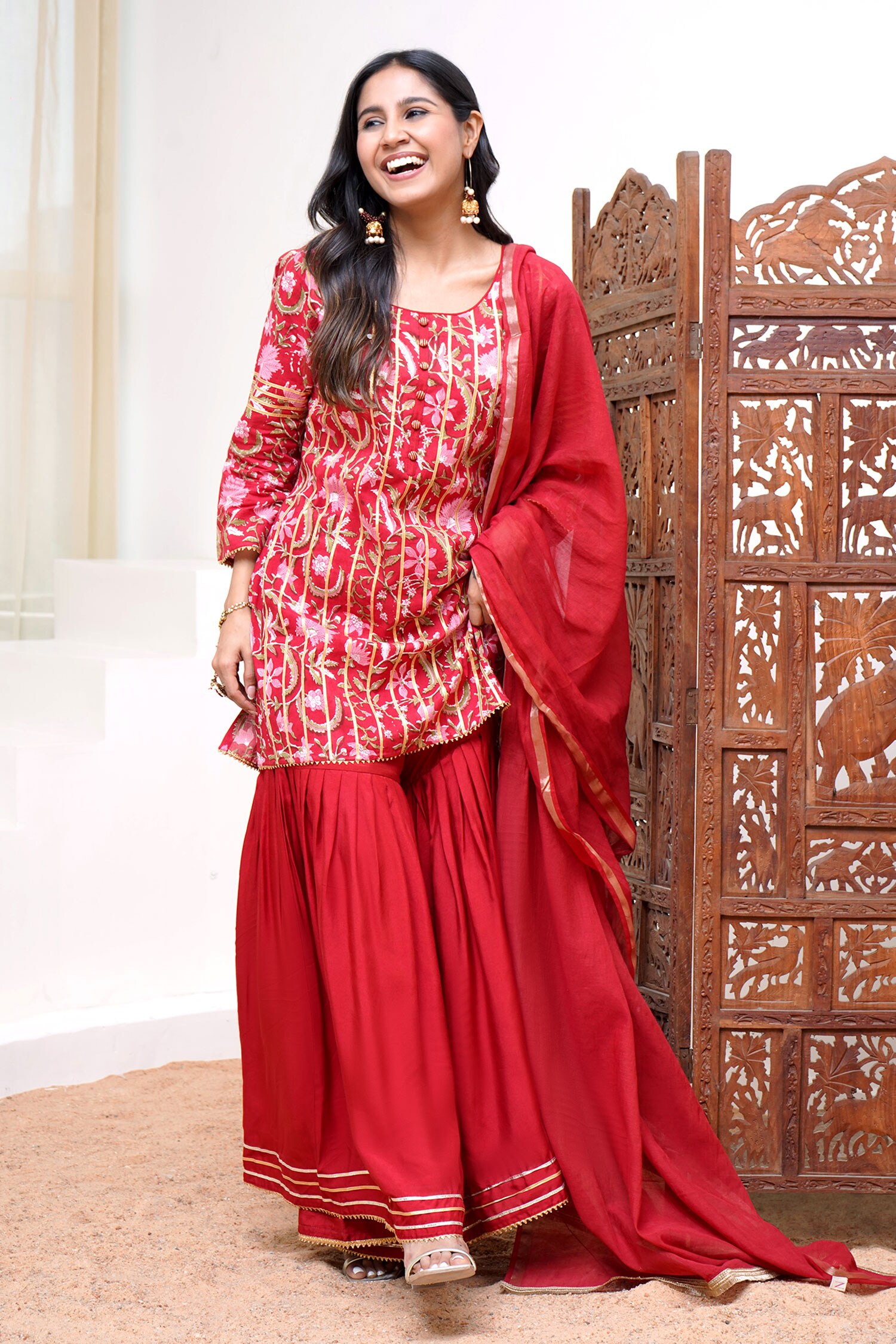 Buy Red Kurta Pure Cotton Printed Floral Round Neck Vine Gharara Set ...