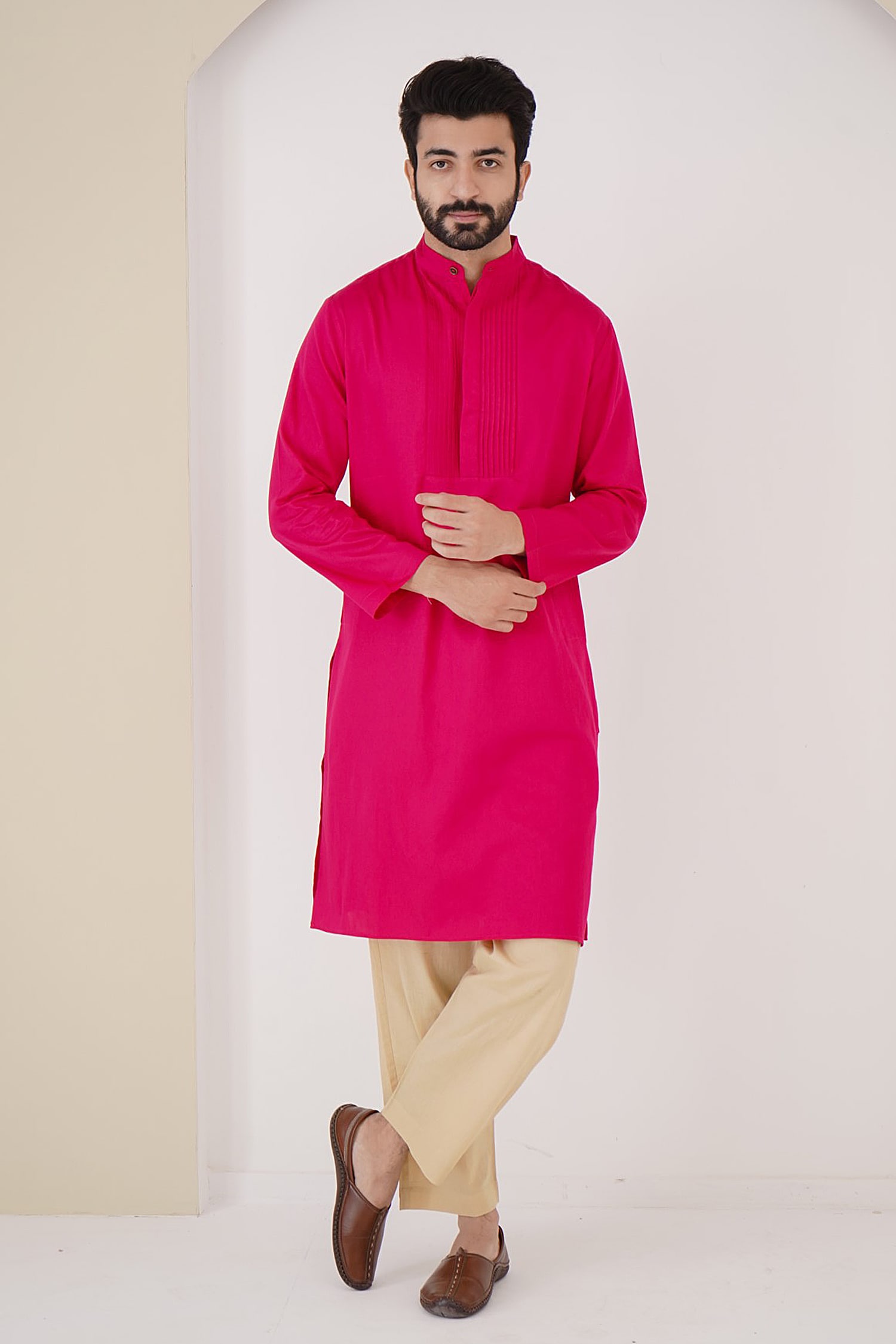 Buy Fuchsia Cotton Satin Pintuck Bodice Kurta For Men by Nero India ...