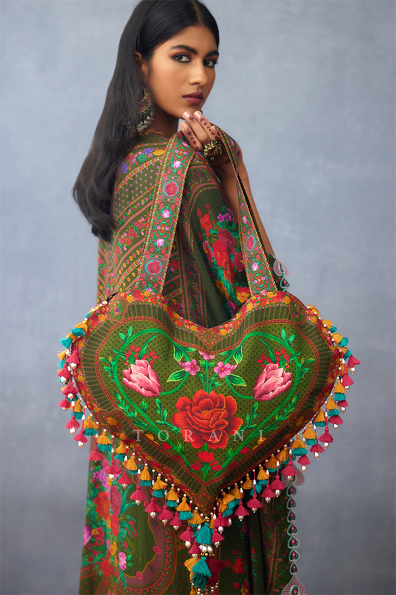 Buy Green Floral Dil Saaz Marya Heart Print Bag by Torani Online at Aza ...