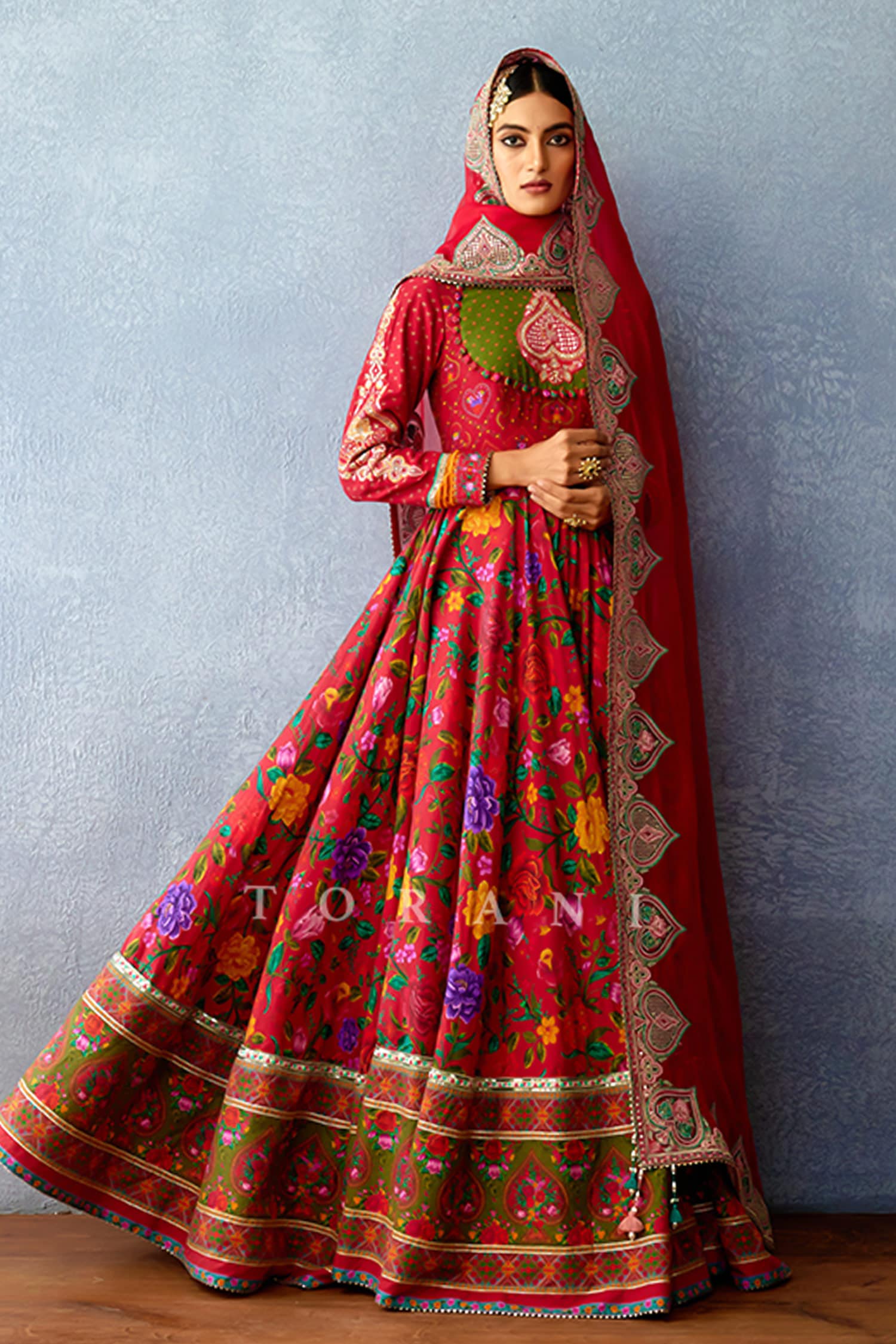 Buy Red Jeni Silk Printed Dil Surkh Nimat Blossom Anarkali With Dupatta ...