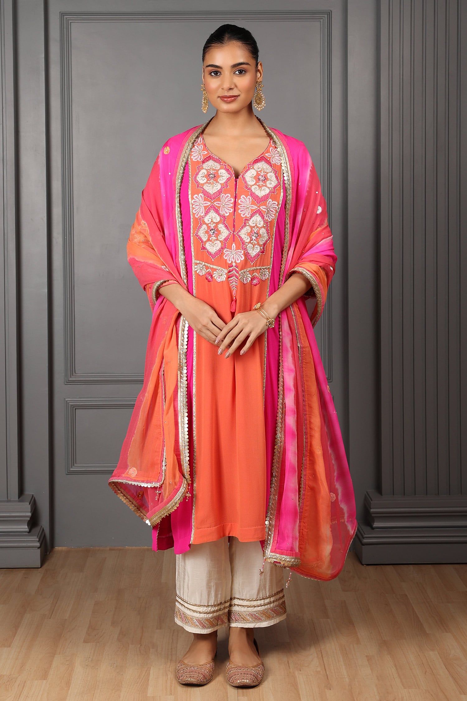 Buy Pink Silk Georgette Embroidery Phool Leaf Neck Kurta Pant Set For Women by HOUSE OF SUPRIYA ...