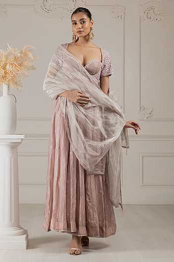 Buy Peach Anarkali Banaras Organza Embroidery Floral Beads Pant Set For ...