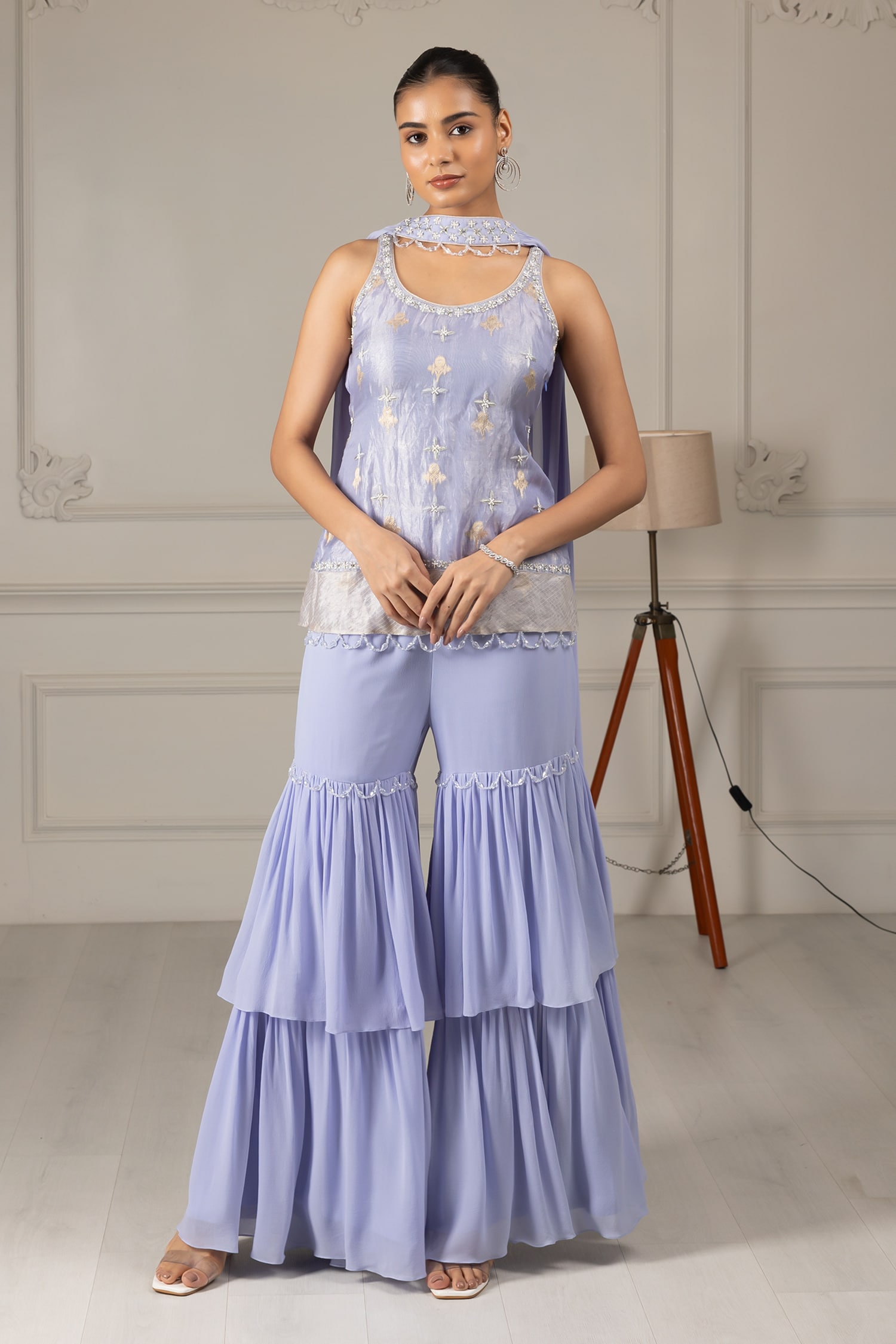 Buy Blue Kurta - Banaras Organza Flower Butti Short Sharara Set For ...