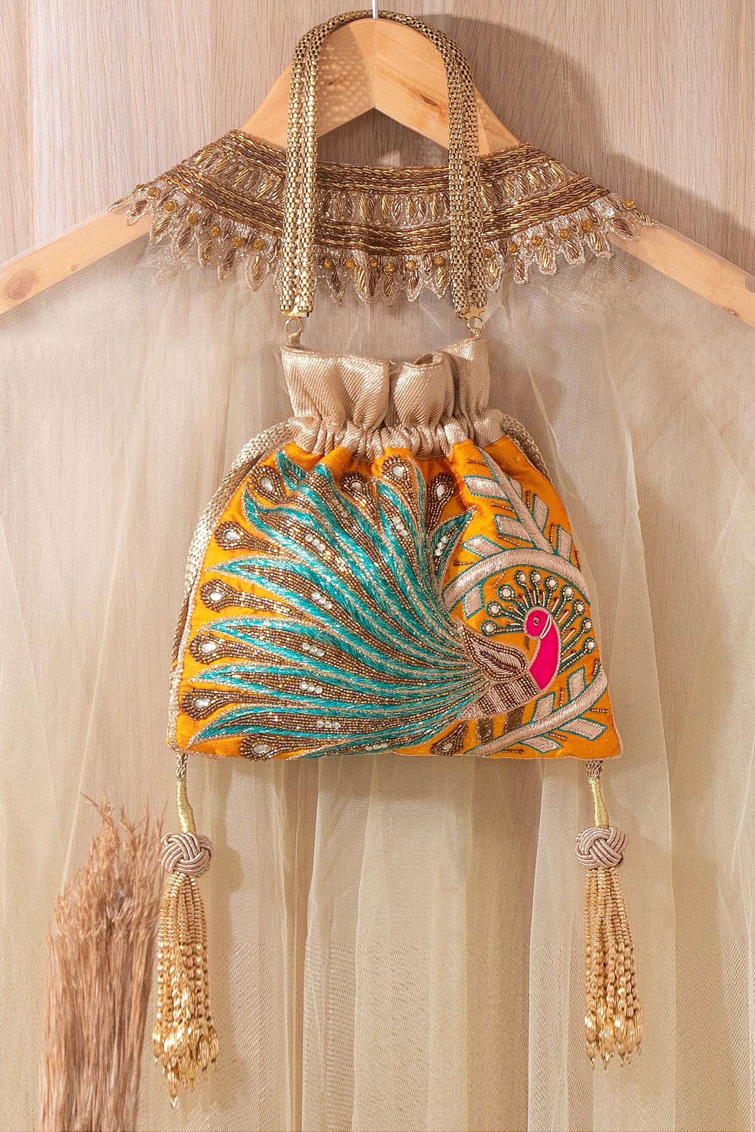 Buy Multi Color Zardozi Peacock Plume Embroidered Potli Bag by The Pink ... Buy Multi Color Zardozi Peacock Plume Embroidered Potli Bag by The Pink ...