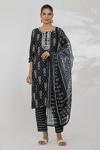 Buy Black Kurta And Pant Cotton Printed Aztec Round Straight Set For ...