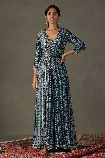 Buy Blue Viscose Embellished Bougaenvilla Floral Vine Pattern Jumpsuit ...