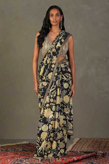 Buy Black Saree - 100% Silk Print Floral V Neck Janet With Blouse For ...