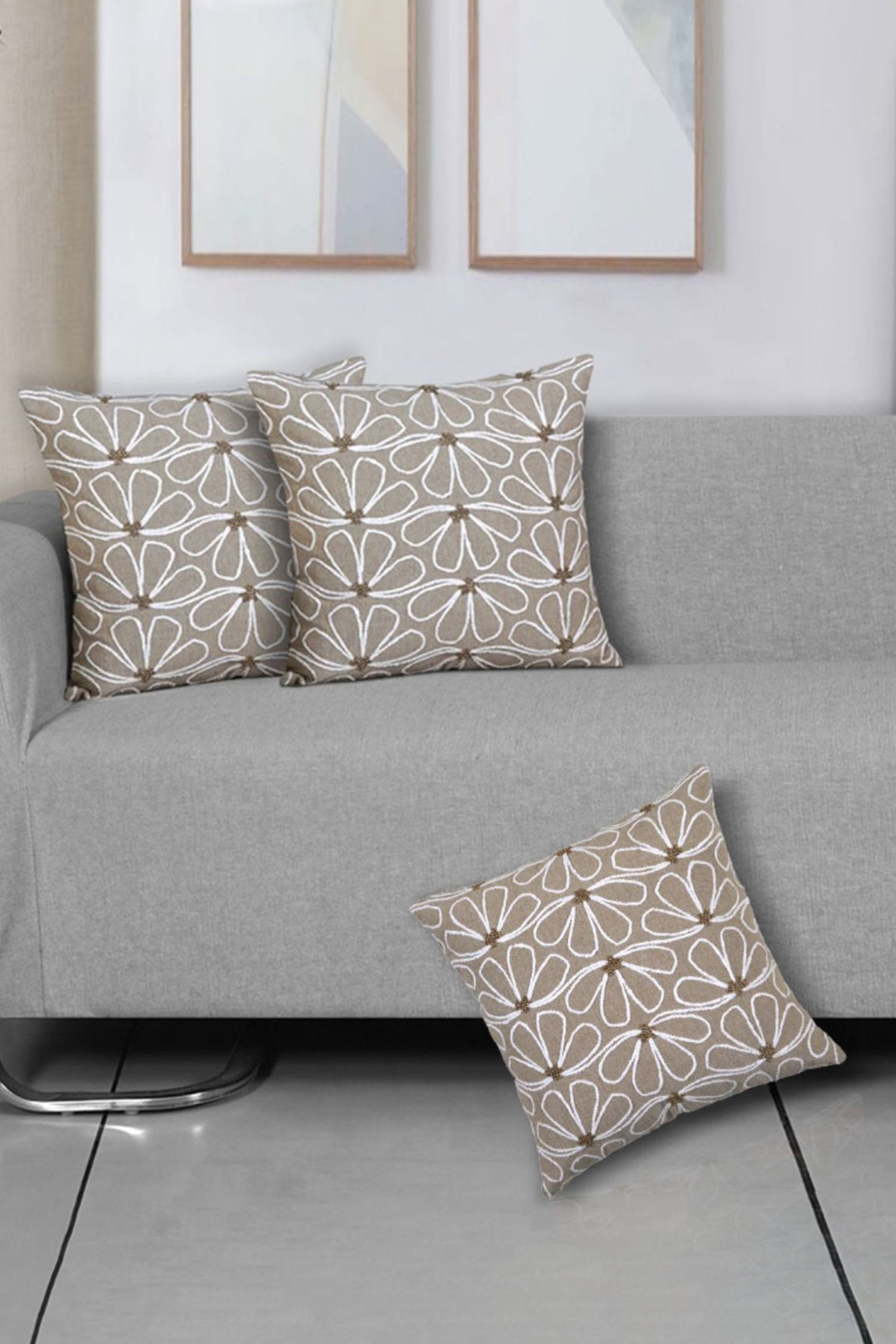 Buy Off White Cotton Shaneel Thread And Bead Embroidered 3 Pcs Cushion ...