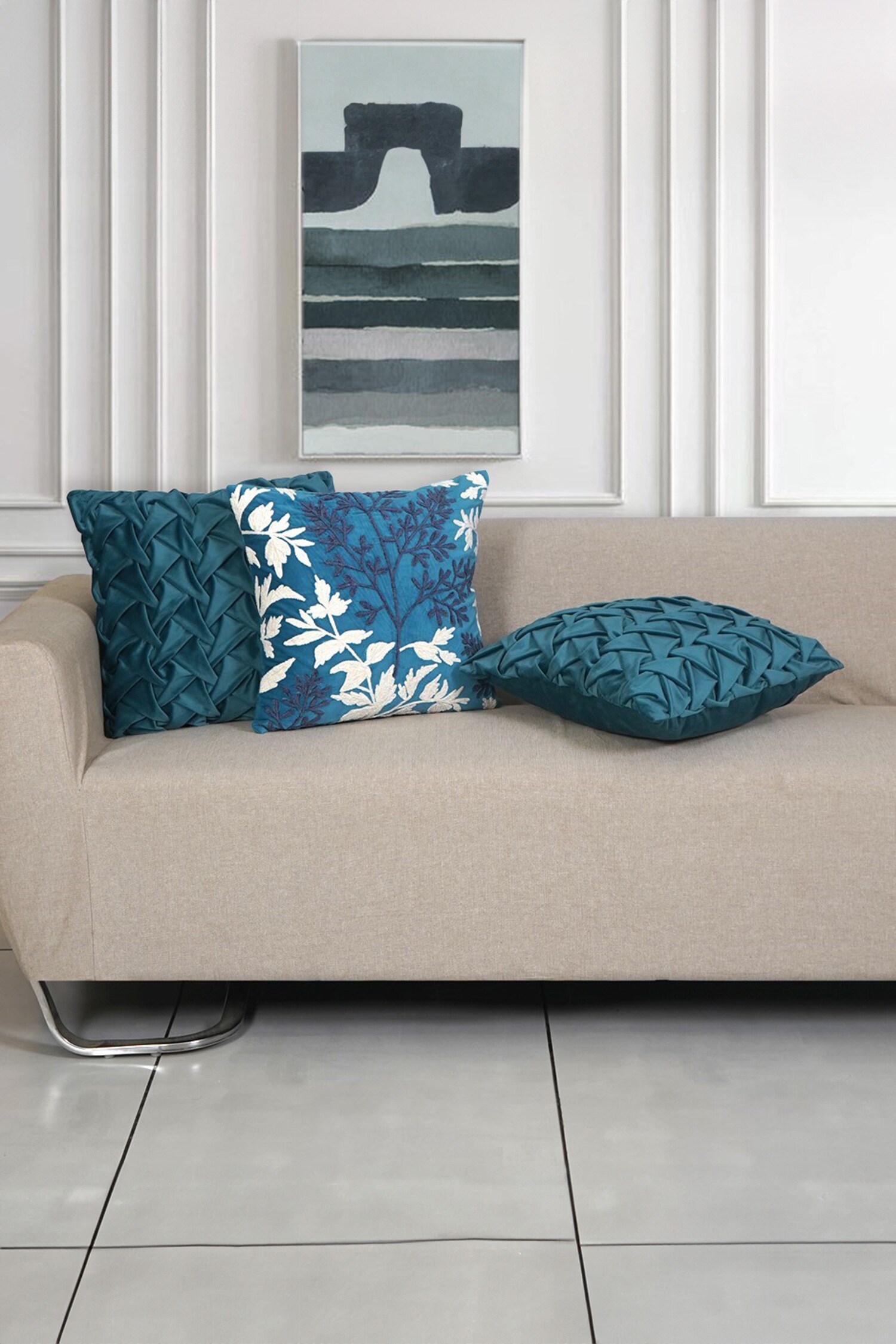Buy Blue Velvet Shaneel Thread Leaves Embroidered 3 Pcs Cushion Covers ...