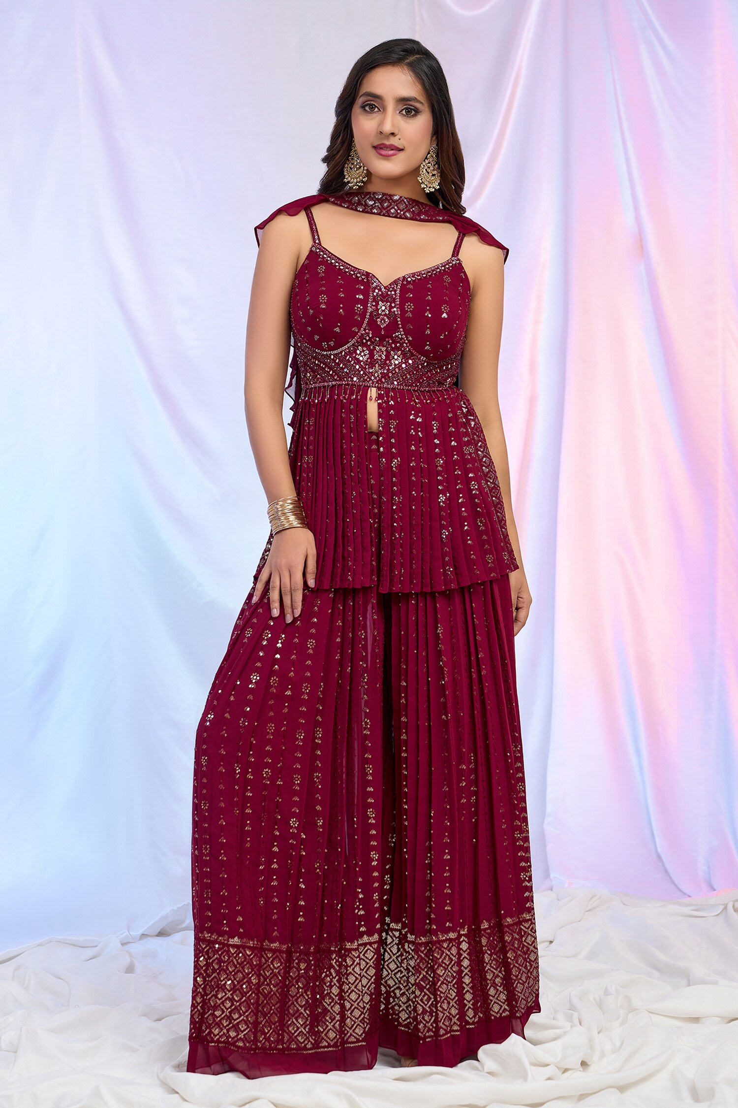 Buy Maroon Peplum And Palazzo Faux Georgette Hand Work Pleated Top Set