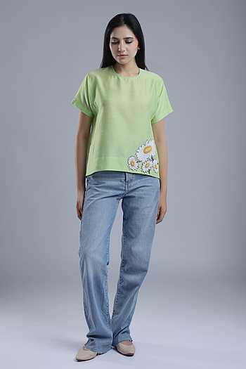 Buy Green Chanderi Embroidered Floral Round Placement Top For Women by ...