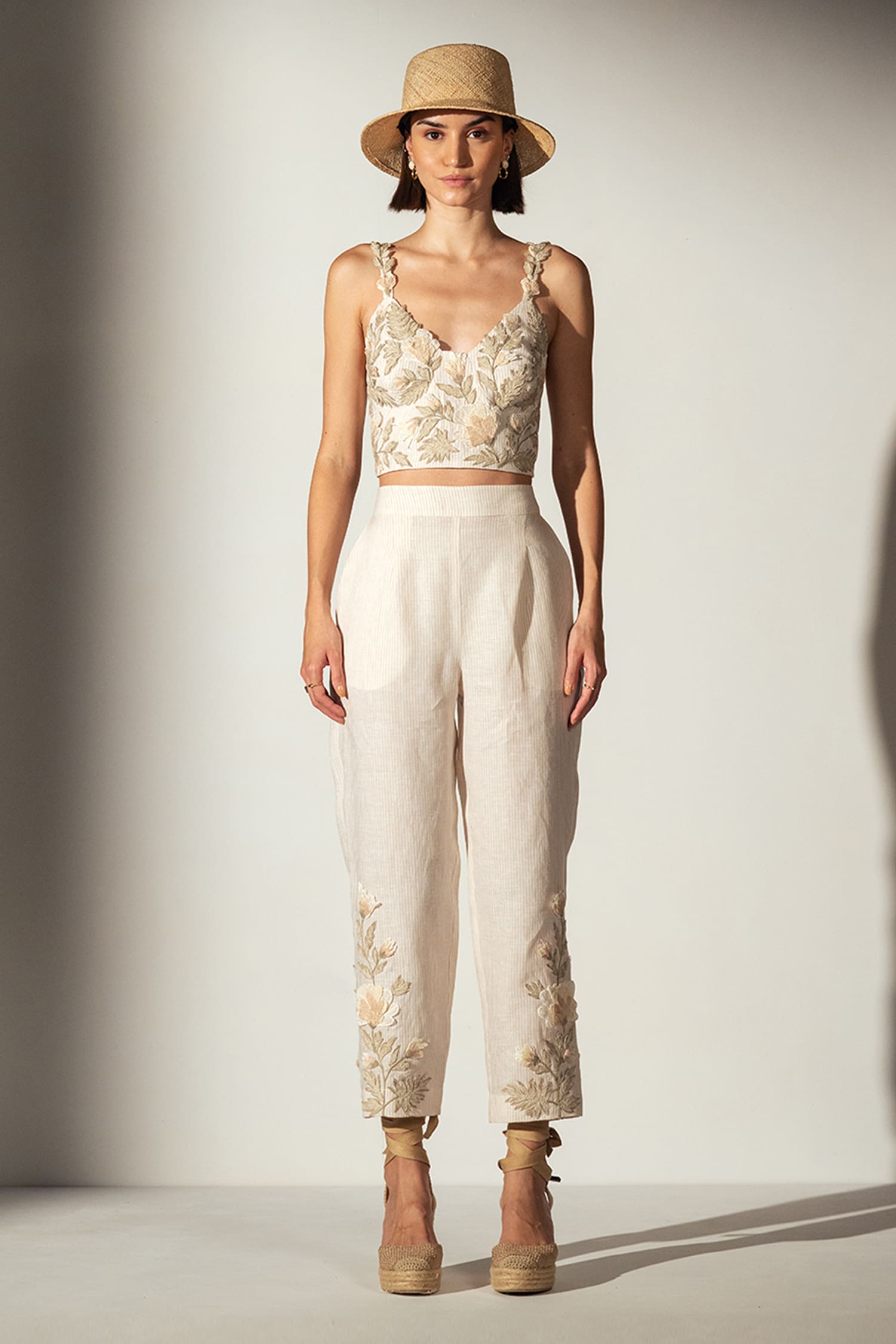 Buy Ivory Linen Blend Embroidered Floral Applique Sweetheart Sylvia ...