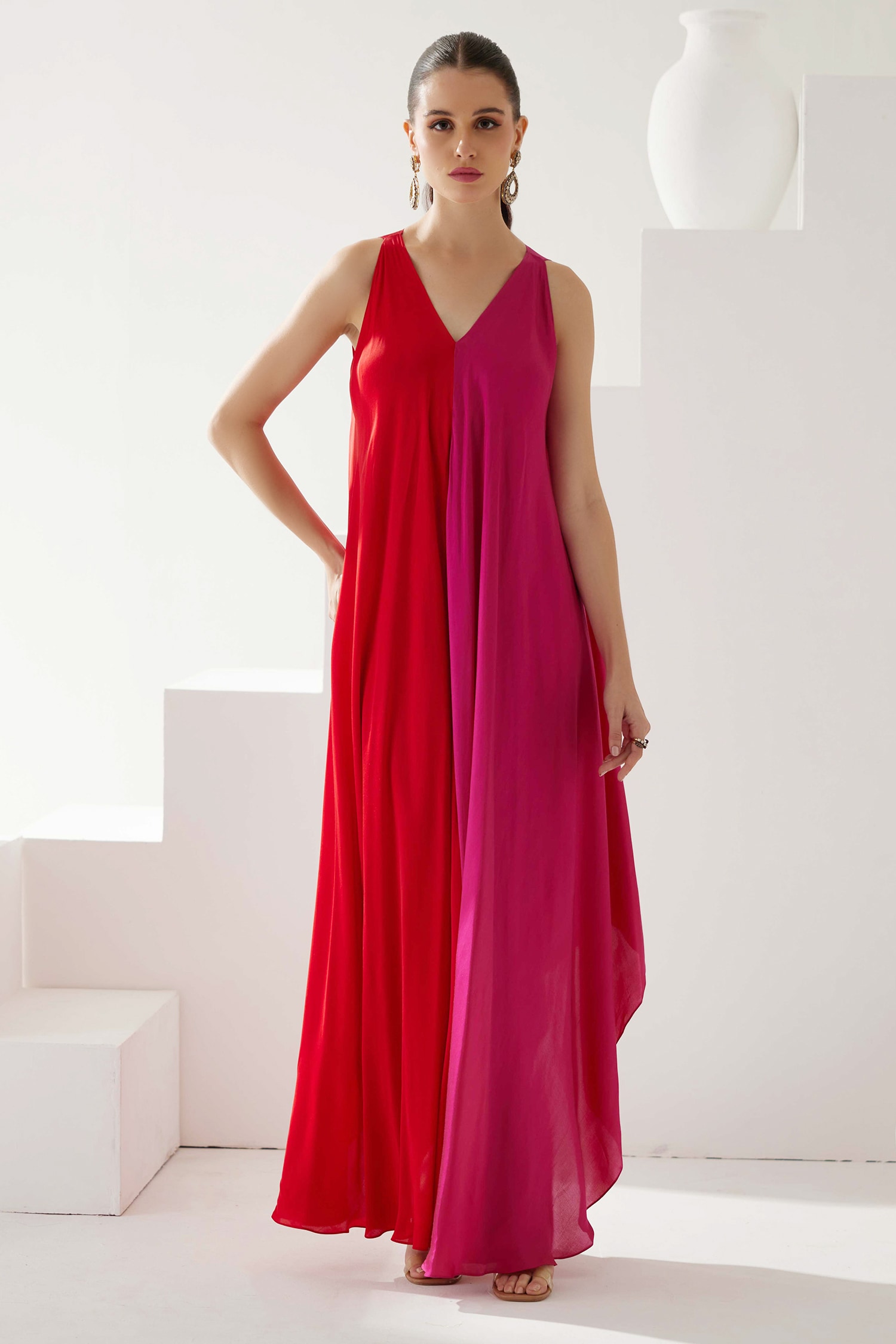 Buy Red Modal Colour Block V-neck Asymmetric Dress For Women by Wear ...