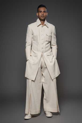 Buy White Handloom Cotton Plain Long Jacket For Men by Balance by Rohit ...