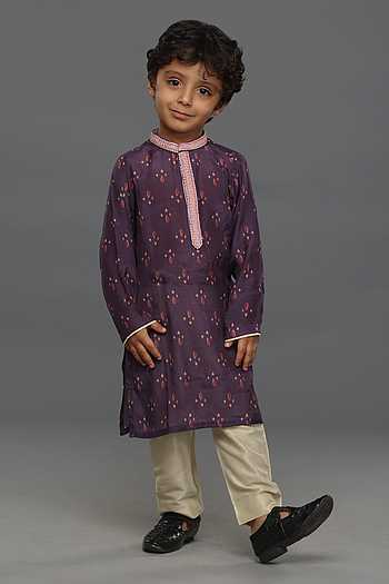 Buy Purple Muslin Silk Printed And Embroidered Abstract & Kurta Set For ...