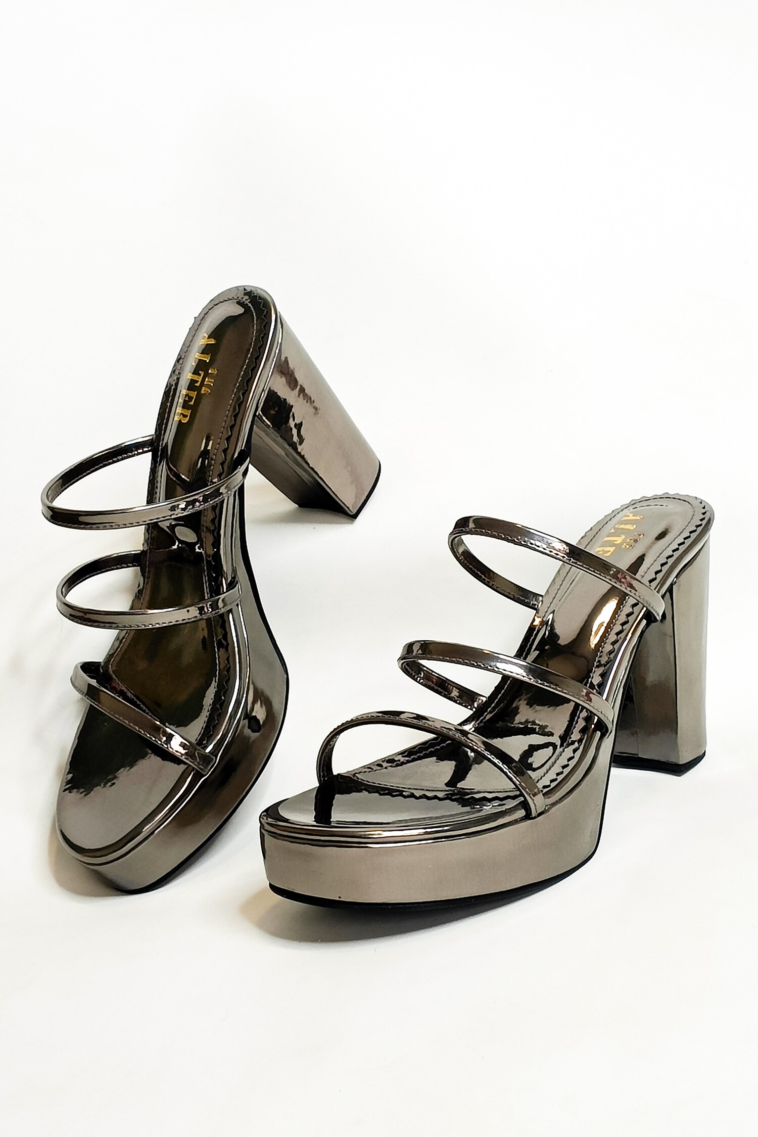 Buy Grey Diva Metallic Strappy Block Heels by THE ALTER Online at Aza ...