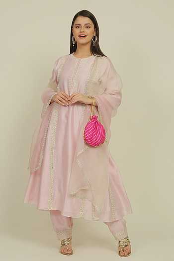 Buy Pink Chanderi Embroidery Dori Round Kurta Salwar Set For Women by ...
