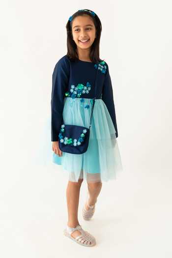 Buy Blue 100% Polyester Embellished Applique Peony Floral Dress For ...
