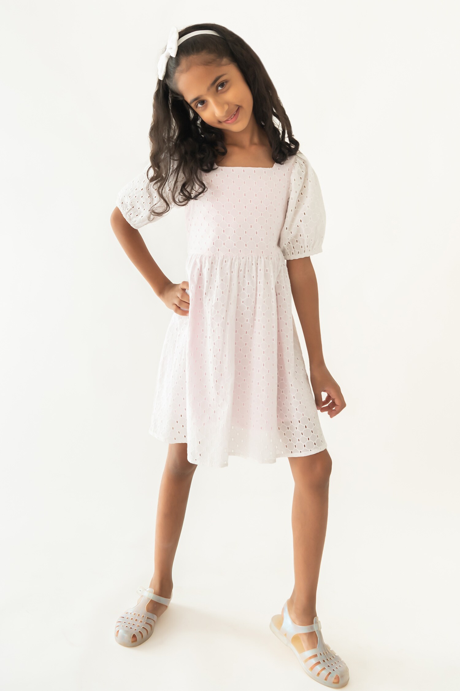 Buy White 100% Cotton Schiffli Feather Fresh Dress For Girls by A ...