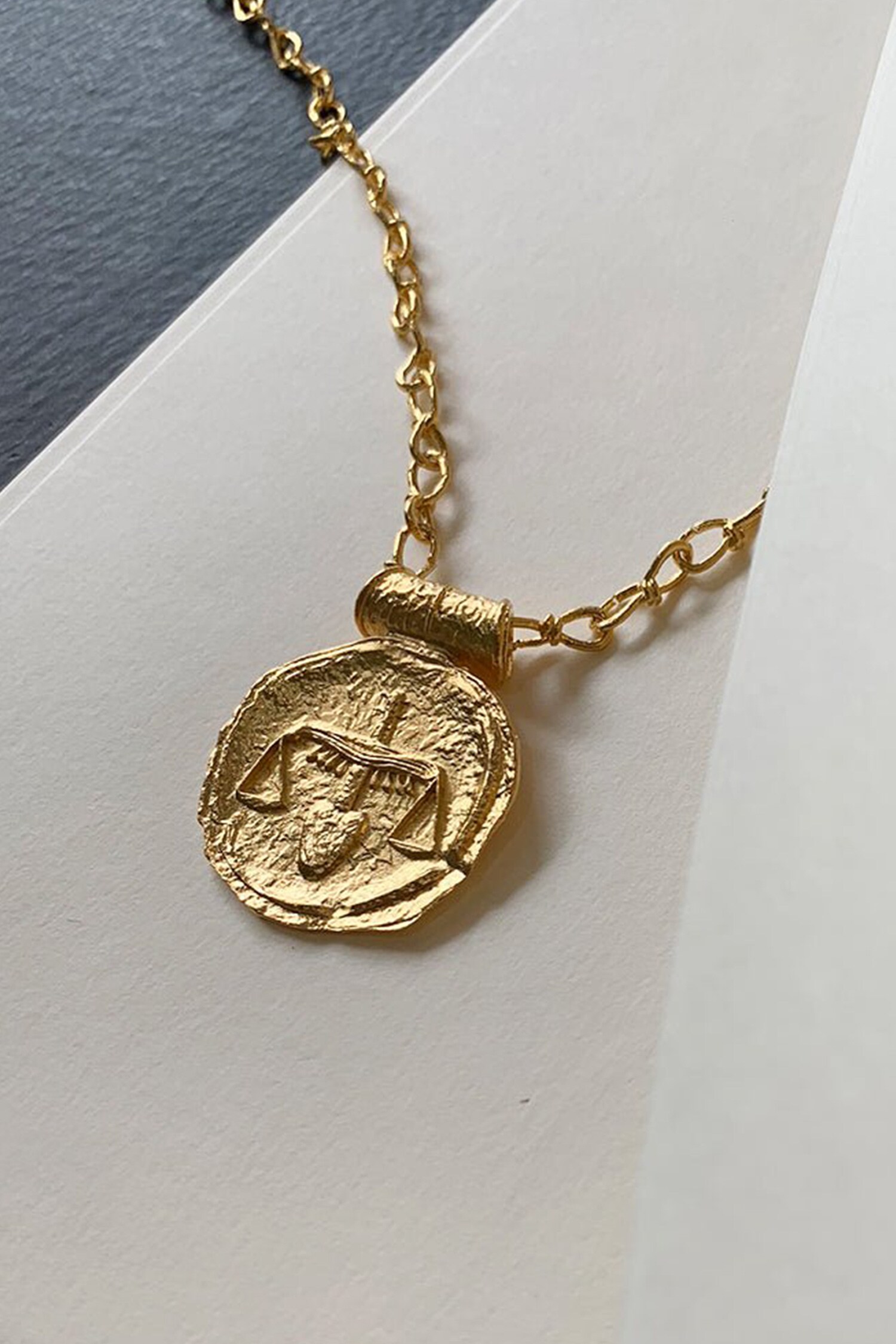 Buy Gold Plated Carved Mini Link Libra Zodiac Pendant Necklace by Misho ...