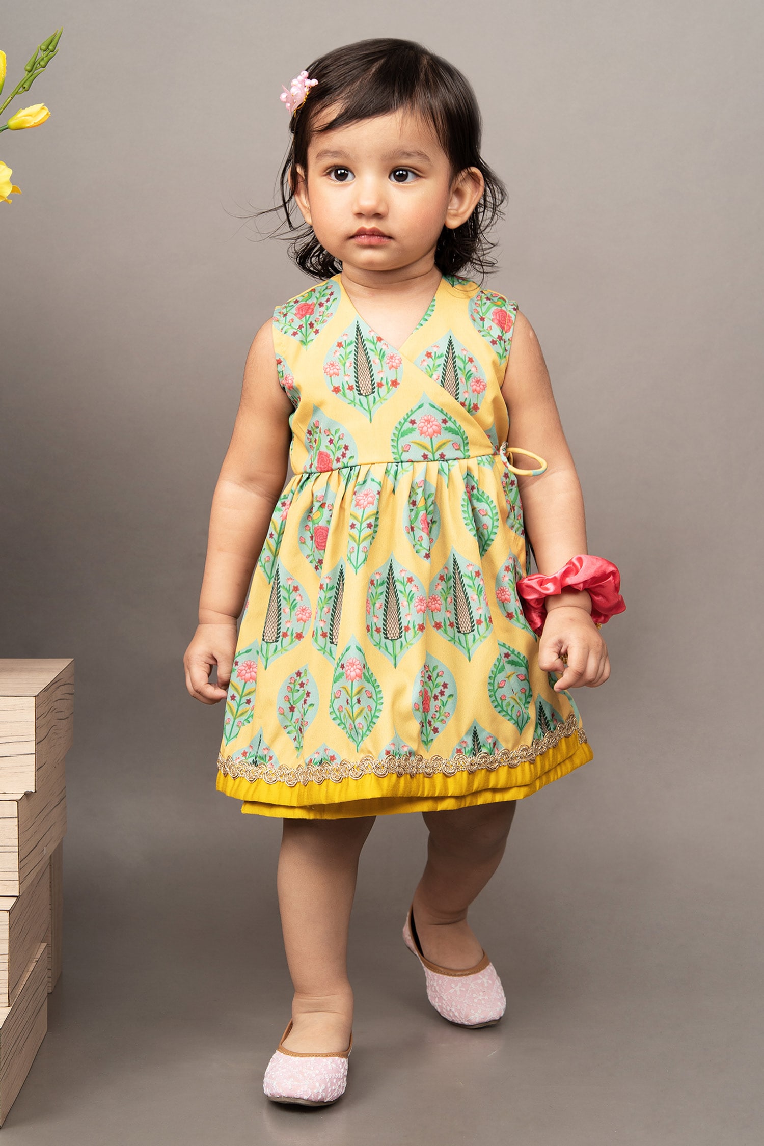 Buy Yellow Crepe Printed Floral Pattern Overlap Dress For Girls by ...