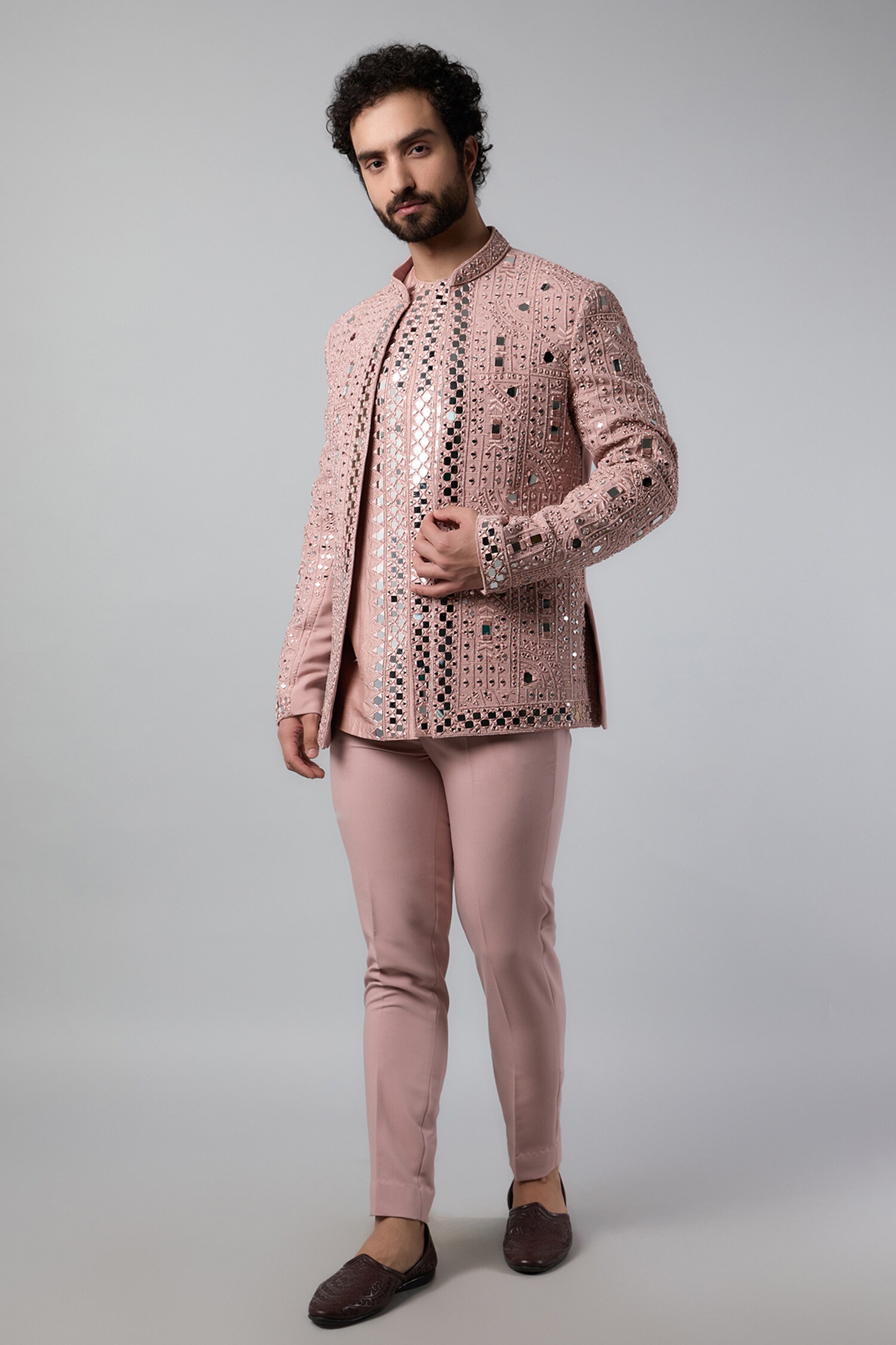 Buy Pink Silk Embroidered Mirror And Thread Work Jacket Kurta Set For ...