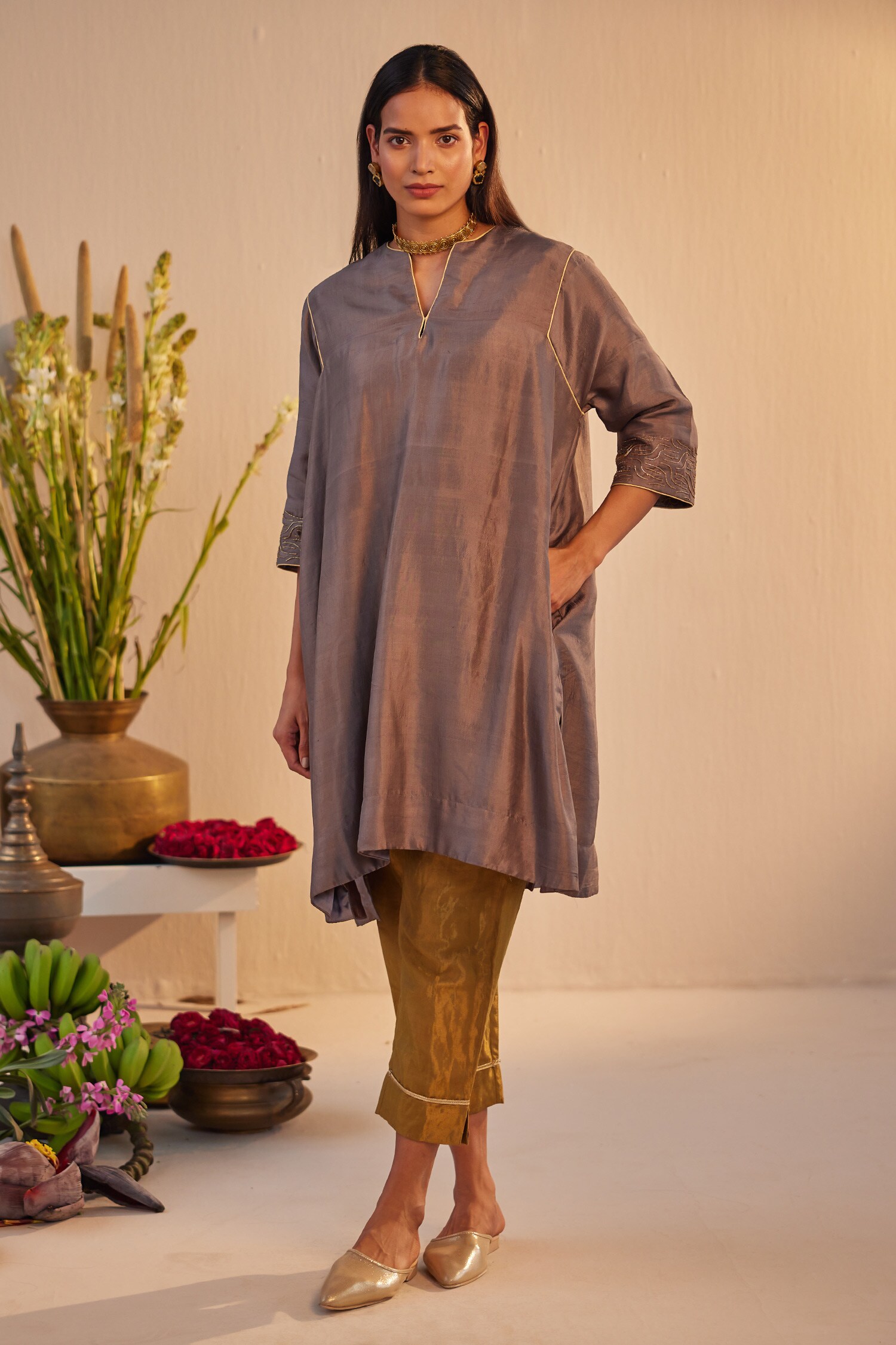 Buy Grey Pure Silk And Tissue Hand Embroidered Sleeve Kurta & Pant Set ...