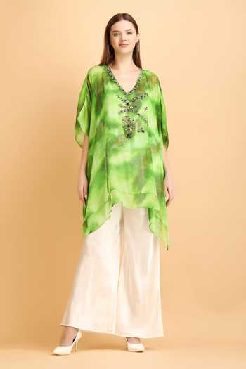 Buy Green Chiffon Print Cosmic V Neck Embellished Kaftan Set For Women ...