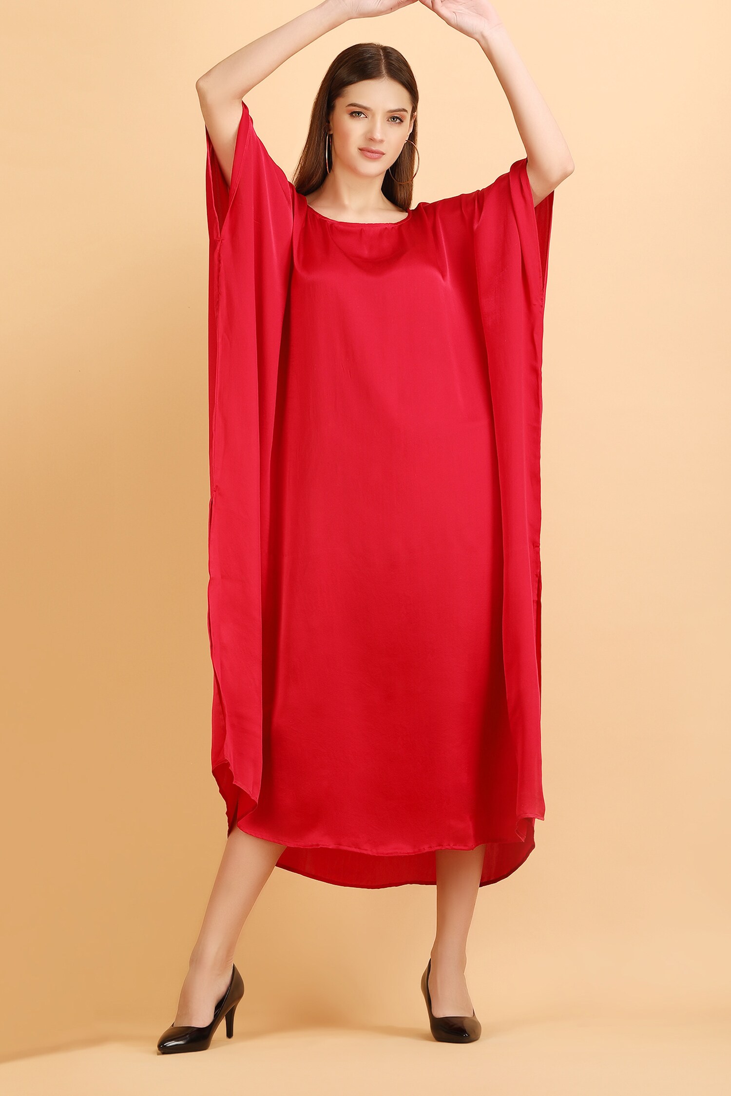 Buy Red Satin Solid Round Long Kaftan For Women by LABEL IVISH Online at Aza Fashions.